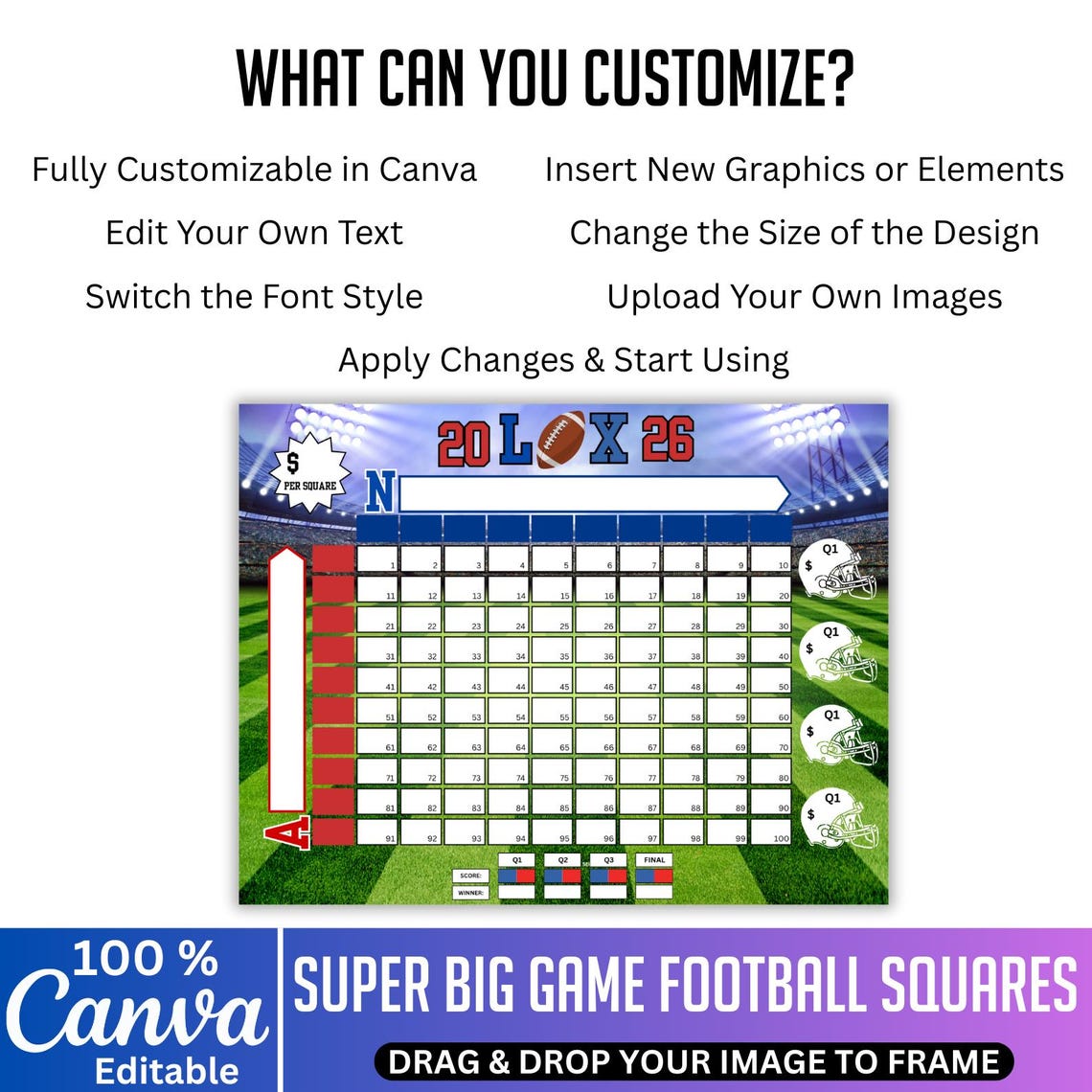Super Big Game Football Squares Template, Team Fundraiser, Betting ...
