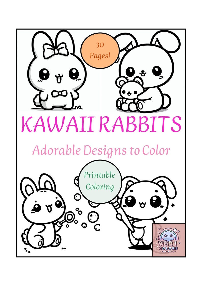 Kawaii Rabbits Coloring Pages - Etsy
