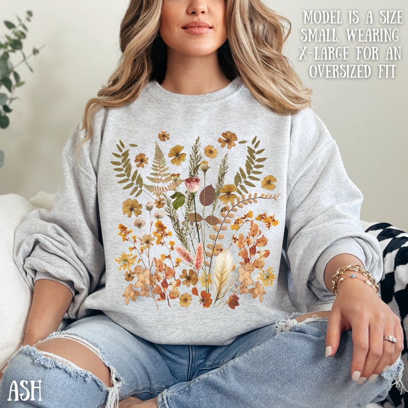 Vintage Pressed Flowers Floral Crewneck Sweatshirt Cottage Core Sweater ...