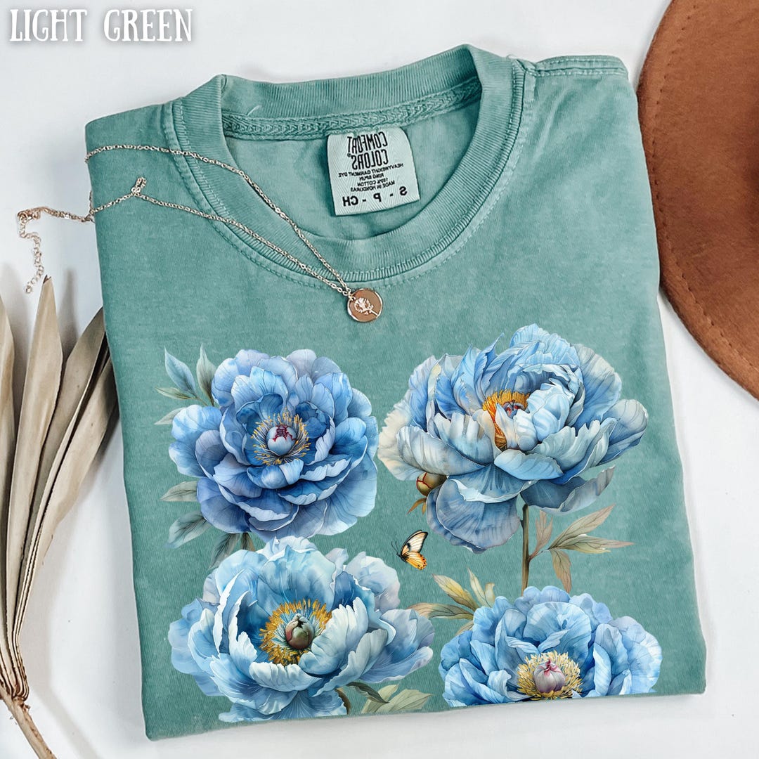 Blue Peony Flower, Blue Floral Shirt, Wildflower T-shirt, Blue Garden ...