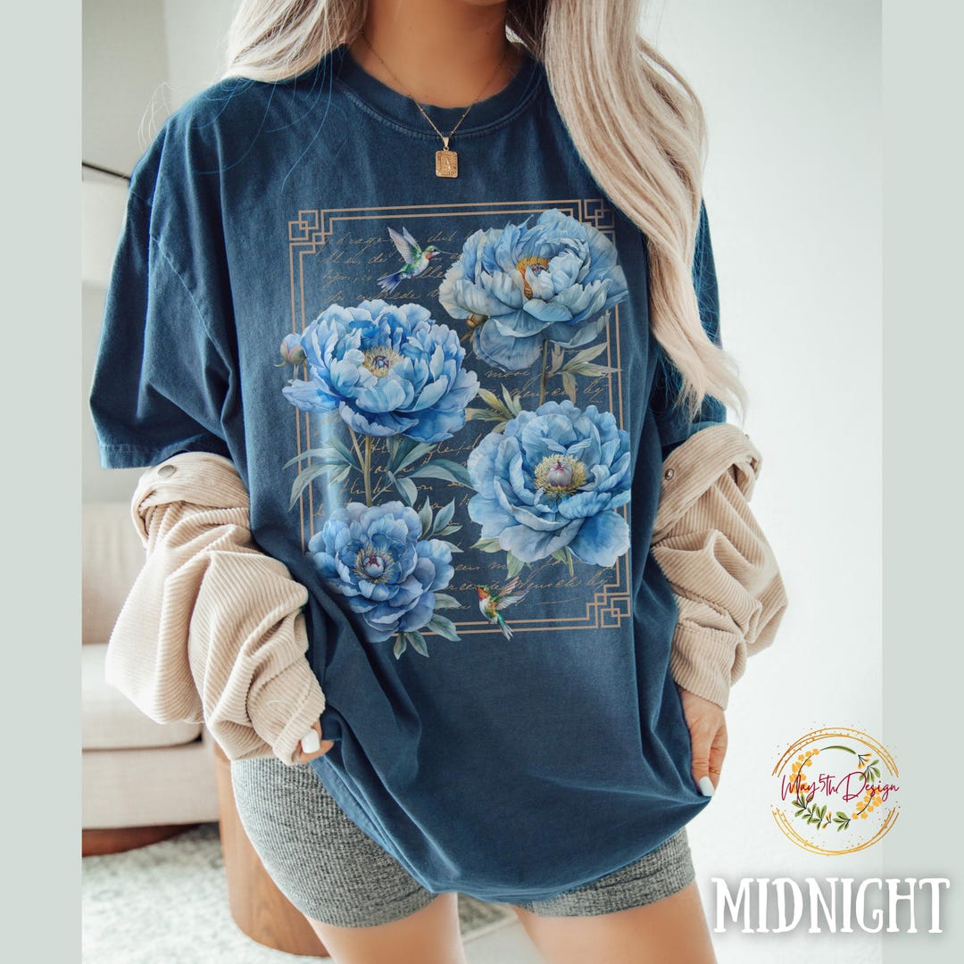 Blue Peony Flower, Blue Floral Shirt, Wildflower T Shirt, Blue Garden ...
