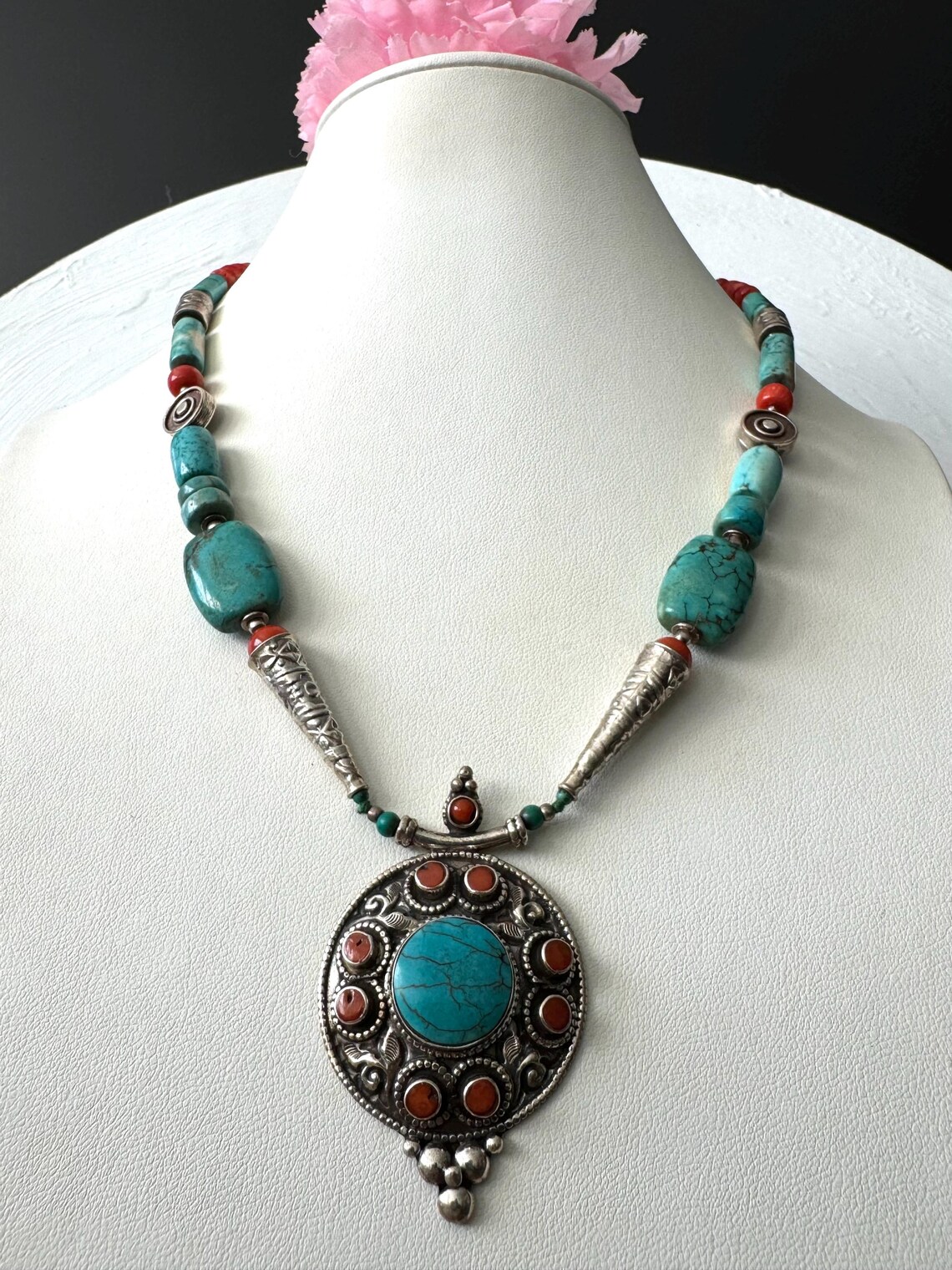 Vintage Ethnic Tibetan Handcrafted Pendant Necklace With Tibetan Coral ...