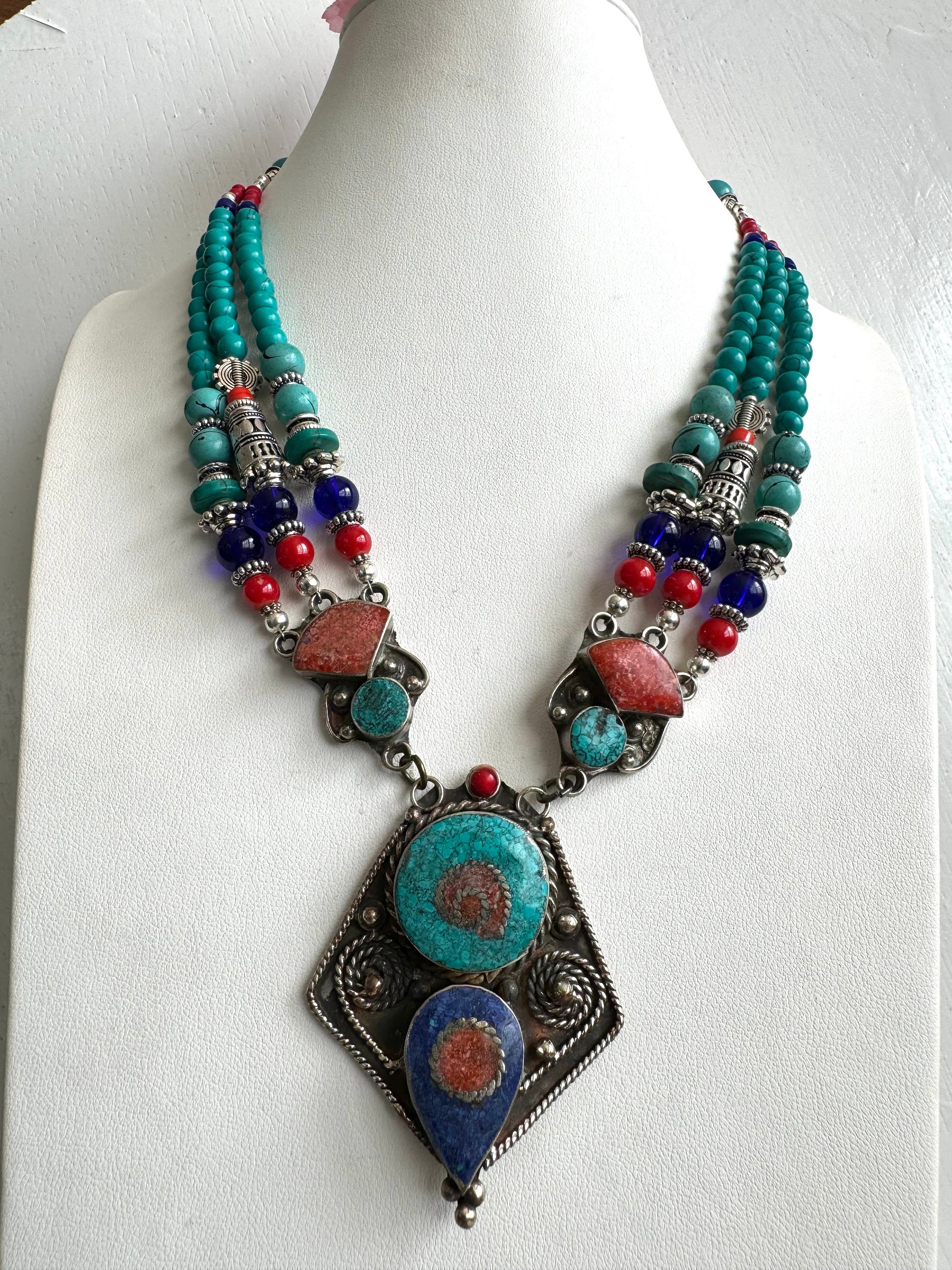 Stunning Tibetan Style Tribal Theme Three Strand Handmade Necklace With ...