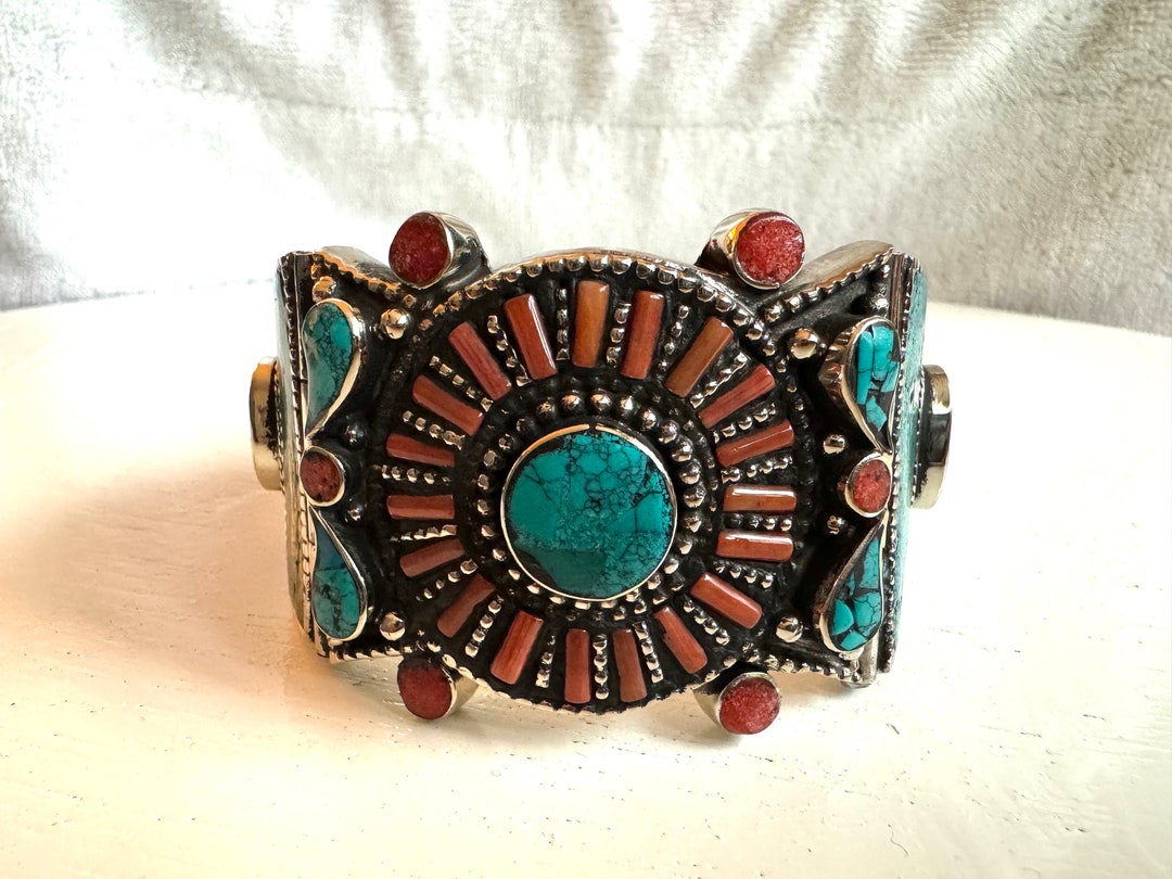 Vintage Indo/tibet Style Push in Bangle With Tibetan Silver Inlaid With ...