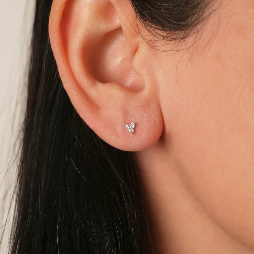 3 Diamonds Stone Studs / 14K Solid Gold Diamond Cluster Earrings / Trio ...