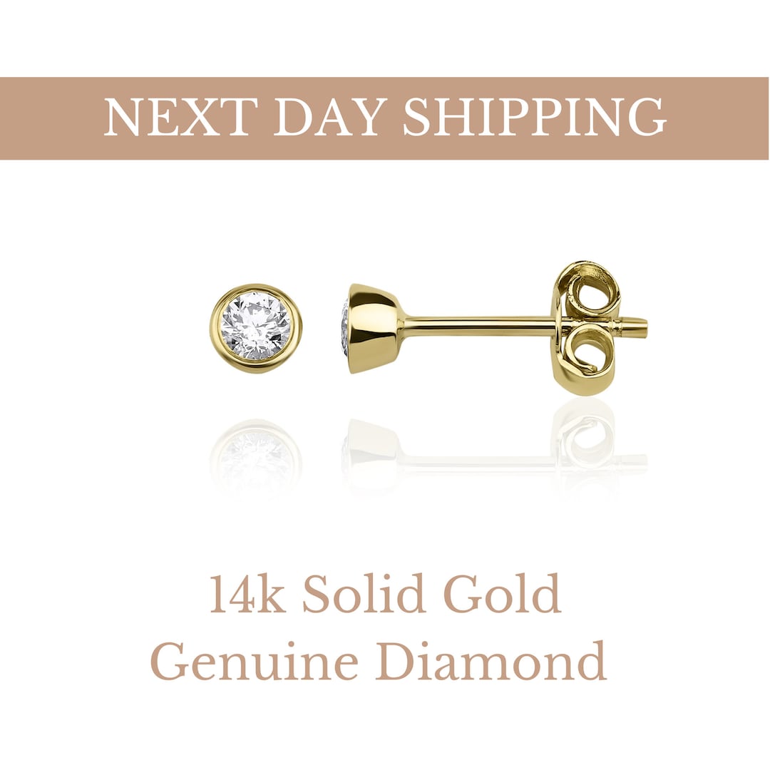 Bezel Settings Gold Diamond Studs / 14K Solid Gold Diamond Stud ...