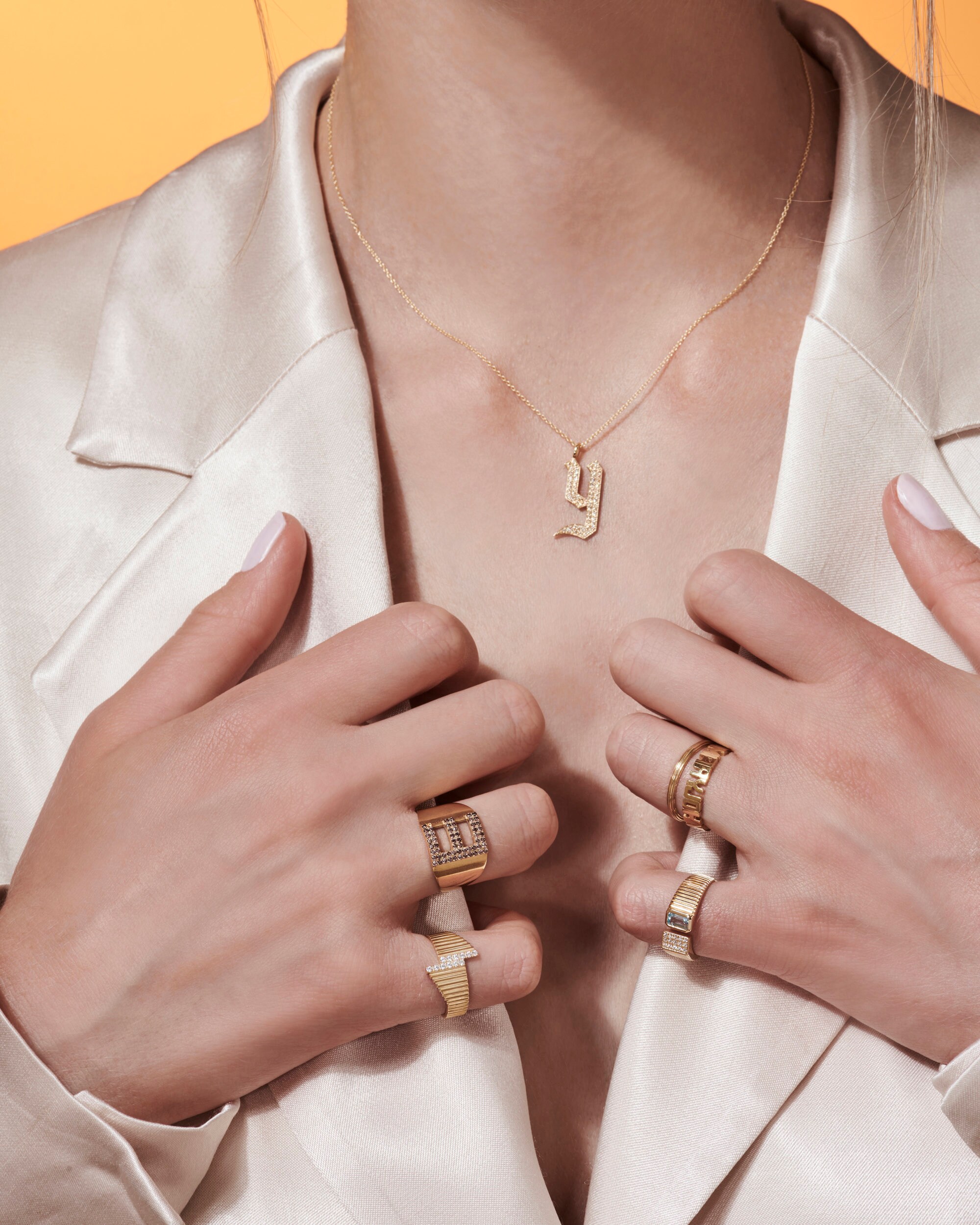 14K Solid Gold Initial Letter Gothic Form Diamond Necklace / Diamond ...