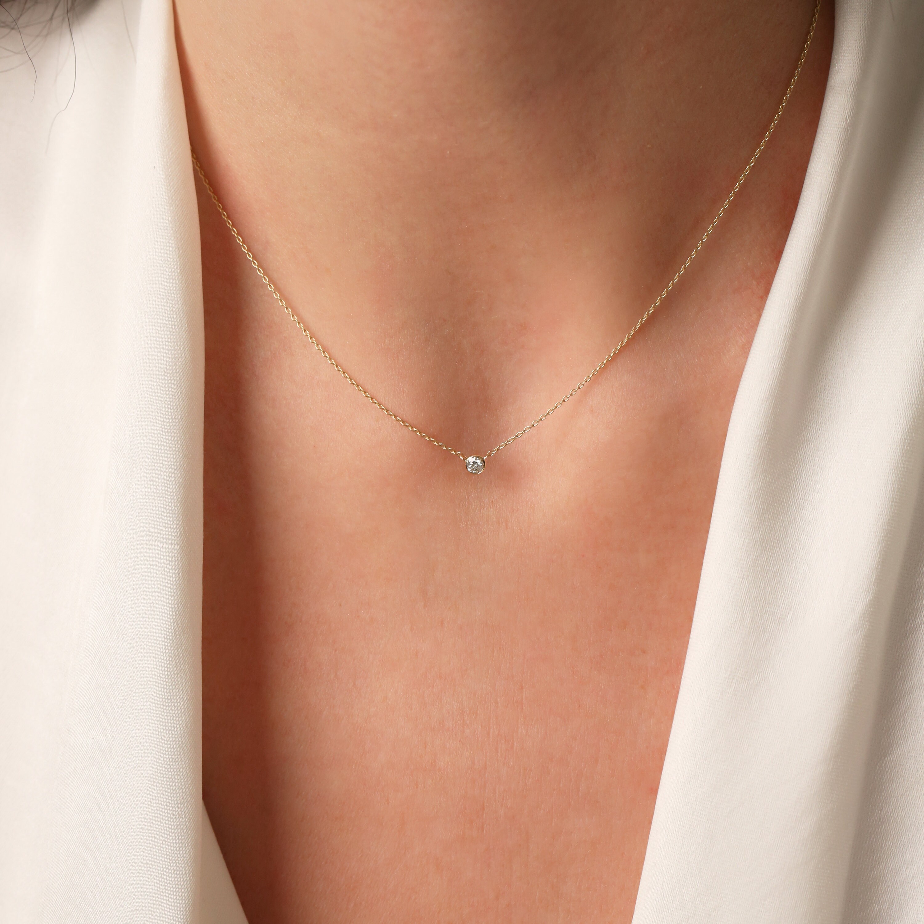 Diamond Necklace / 14K Solid Gold Solitaire Diamond Necklace / Solitaire Necklace / Gold Diamond ...