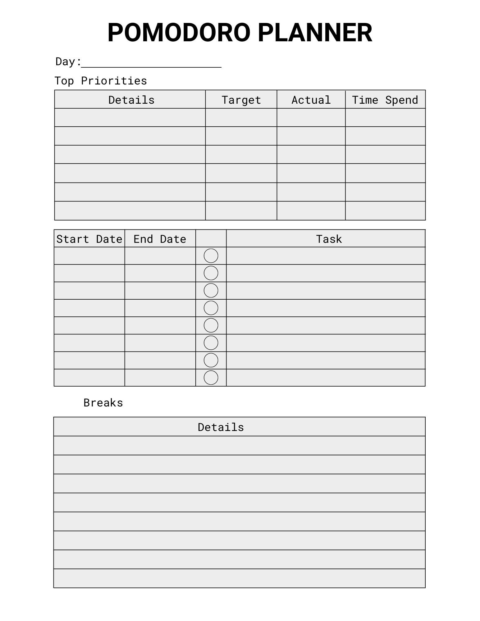 Gray Pomodoro Planner Sheet - Etsy