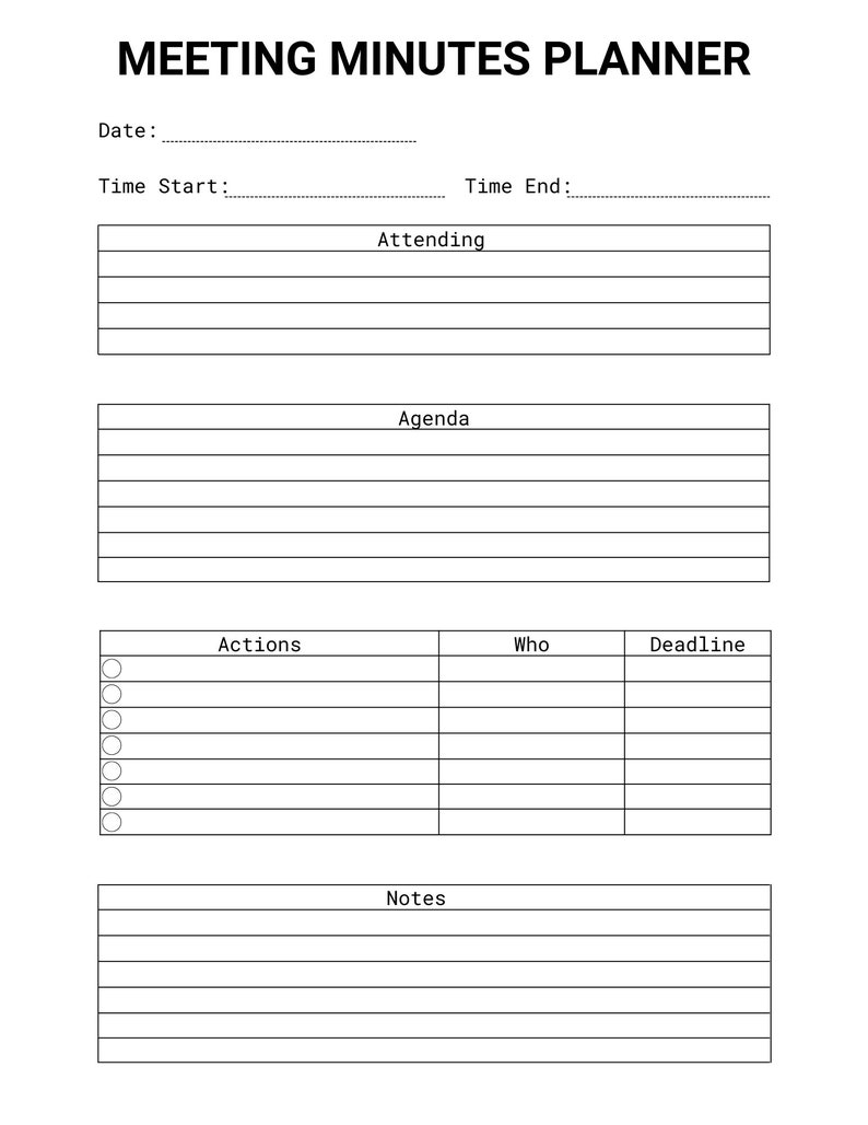 Meeting Minutes Planner Sheet - Etsy
