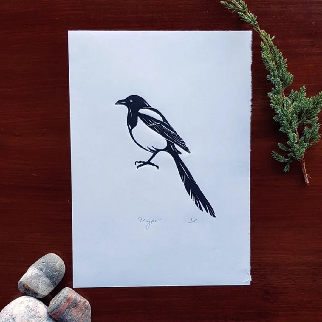 Magpie Handmade Linocut Print - Etsy