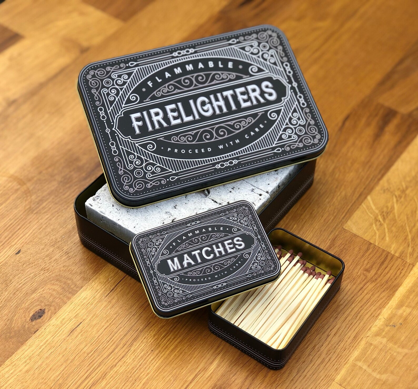 Firelighter Box Metal Tin Storage Holder Fire Lighters Matches Camp ...