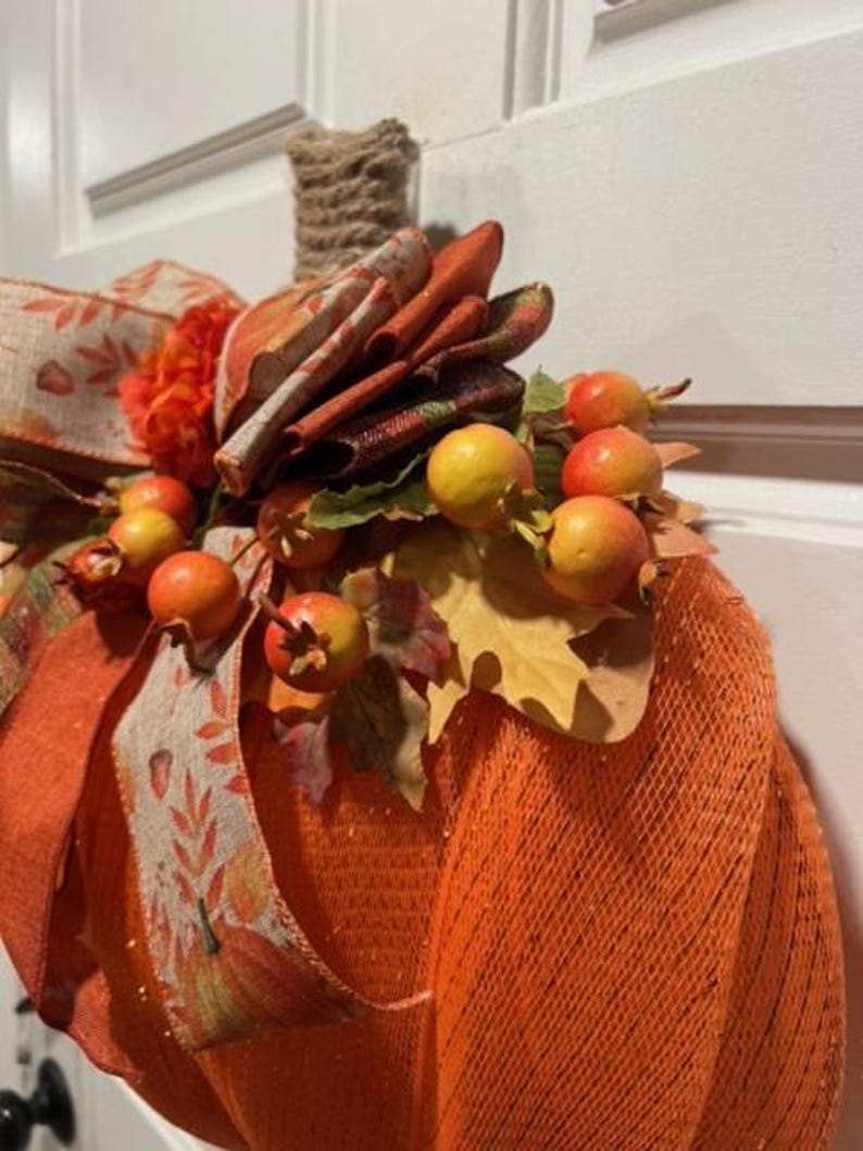 Fall Orange Pumpkin Wreath: Burlap Ribbon & Crabapples - Etsy