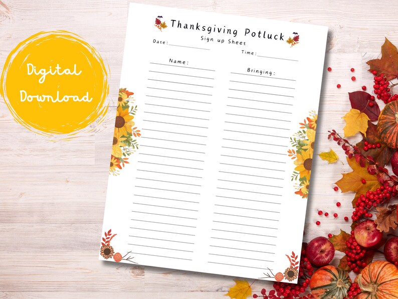 Thanksgiving Potluck Sign up Sheet, Printable, Friendsgiving Potluck ...