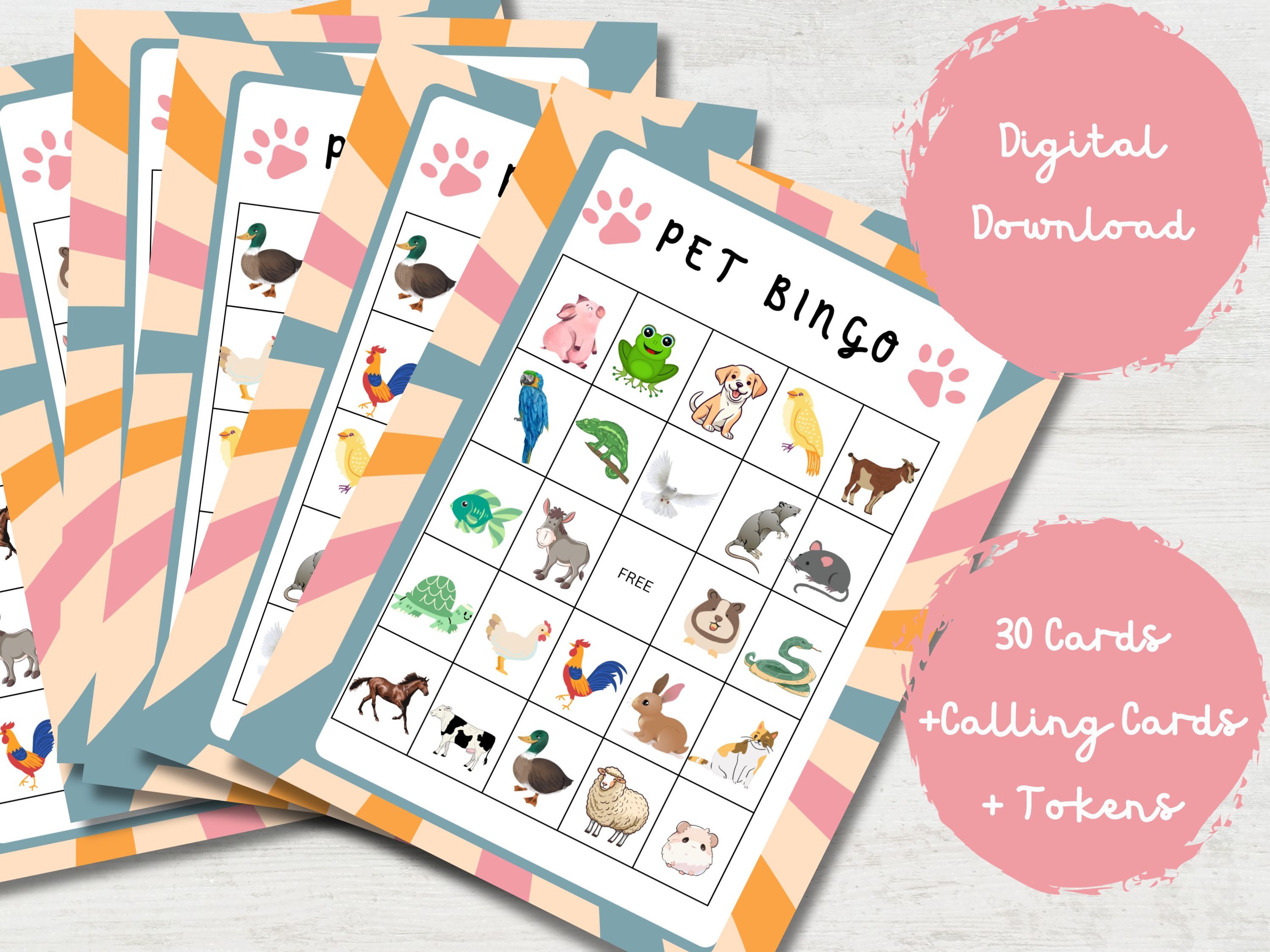 Pet Bingo Cards, 30 Bingo Cards, Printable Bingo Cards, Pet Activity ...