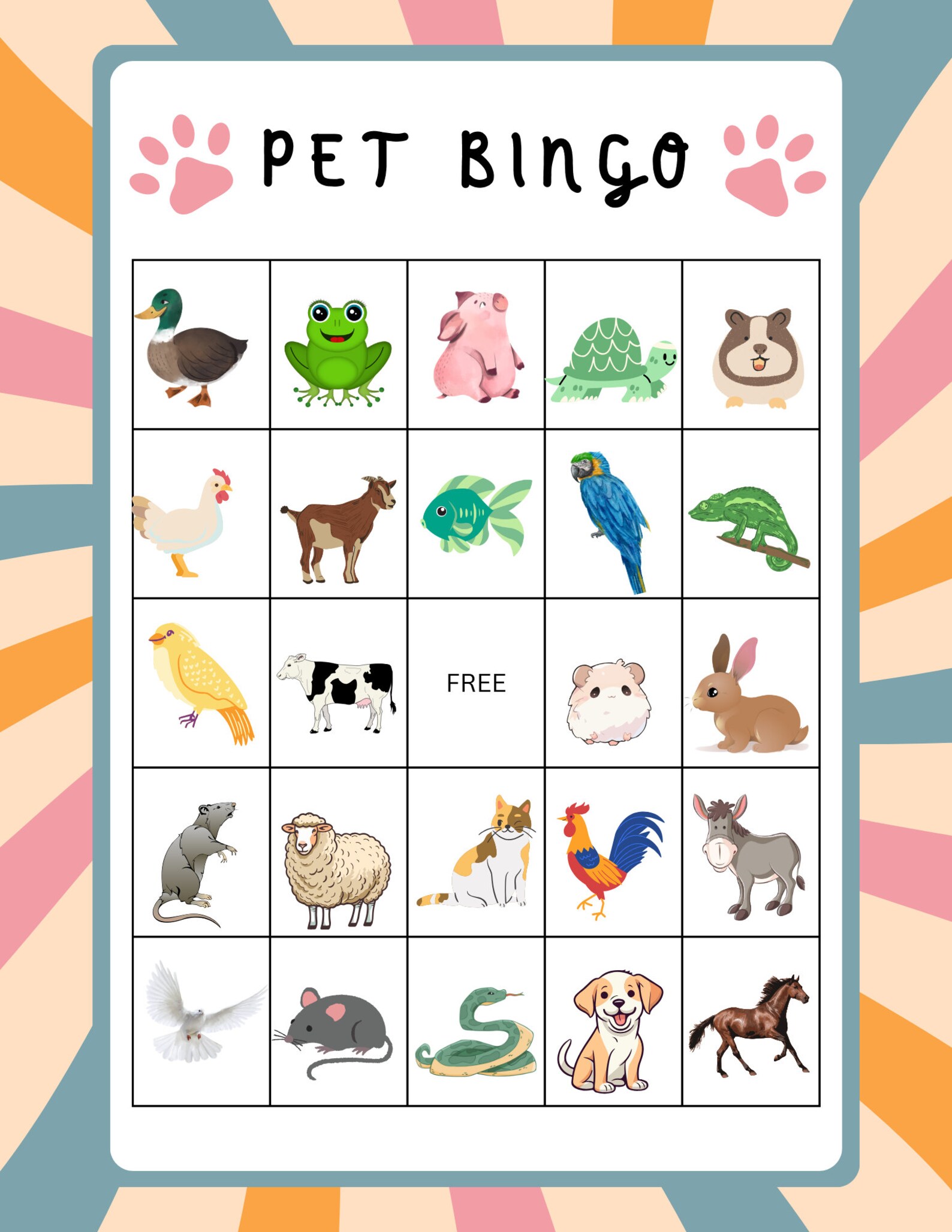 Pet Bingo Cards, 30 Bingo Cards, Printable Bingo Cards, Pet Activity ...