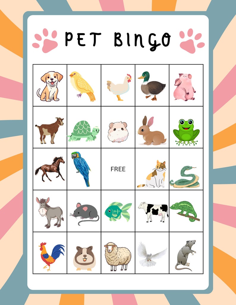 Pet Bingo Cards, 30 Bingo Cards, Printable Bingo Cards, Pet Activity ...