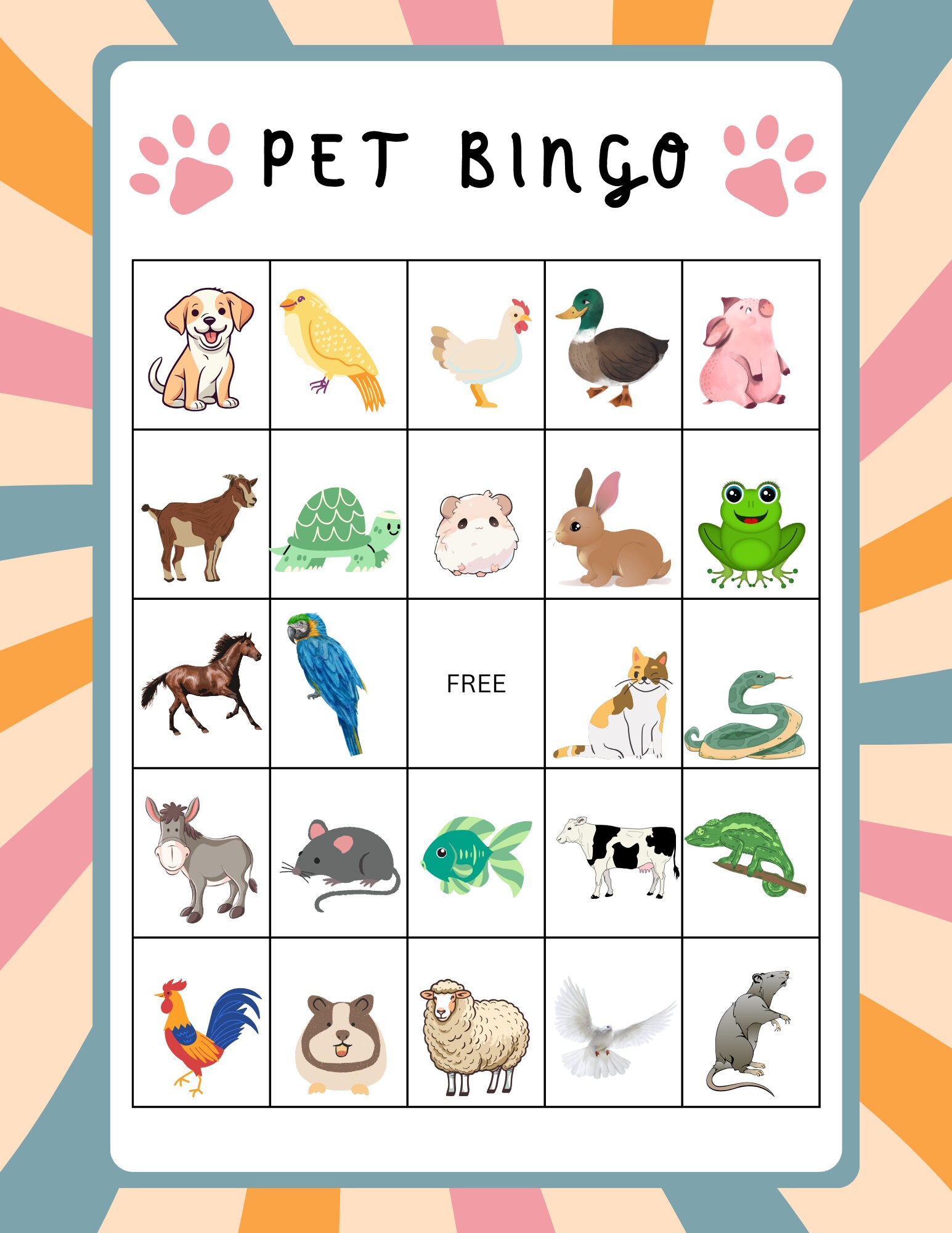 Pet Bingo Cards, 30 Bingo Cards, Printable Bingo Cards, Pet Activity ...