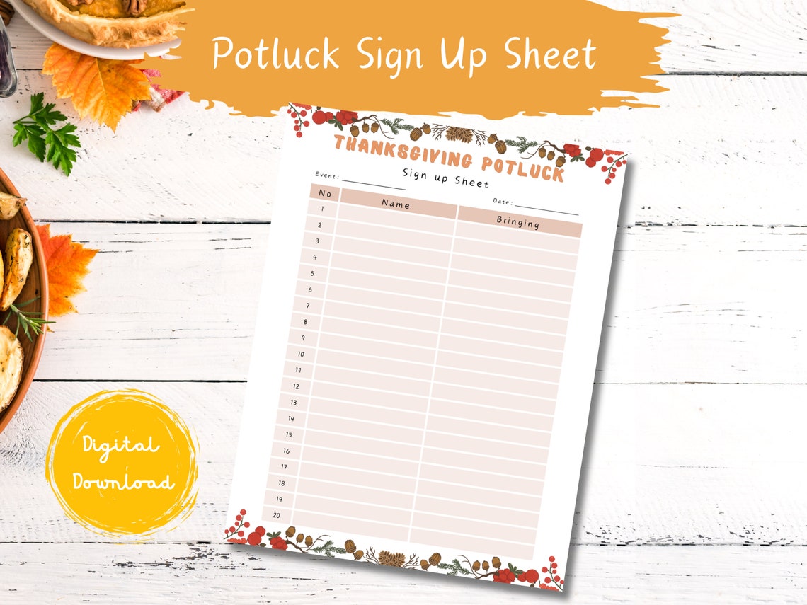 Thanksgiving Potluck Sign up Sheet, Printable, Food Sign up Sheet ...