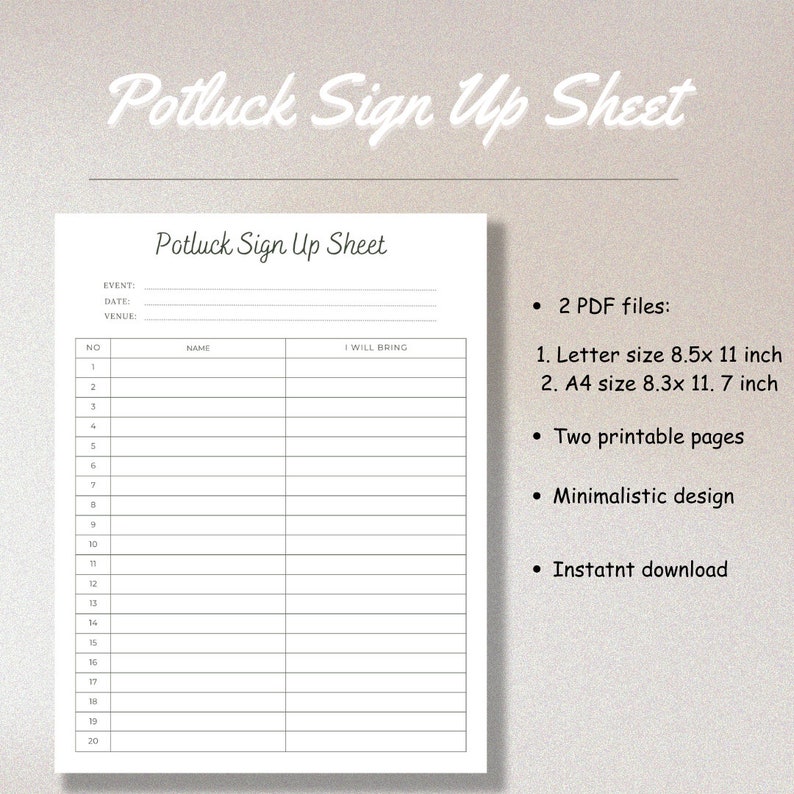 Potluck Sign up Sheet, Potluck Sign Up,thanksgiving Sign up Sheet,sign ...