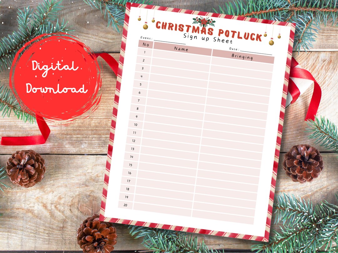 Christmas Potluck Sign up Sheet, Printable Potluck List, Potluck ...