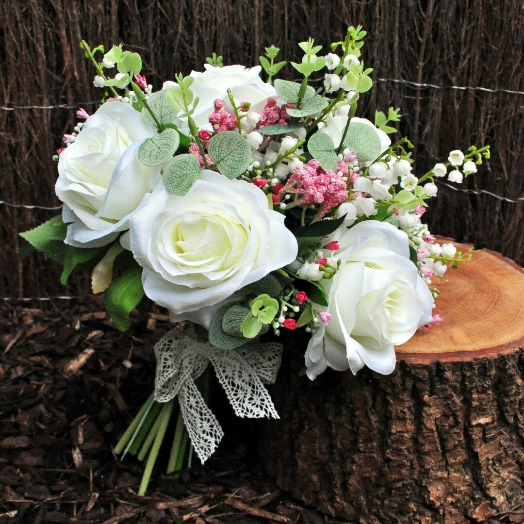 Artificial Wedding Flowers Ivory Rose & Pink Gypsophila Hand Tied Posy ...