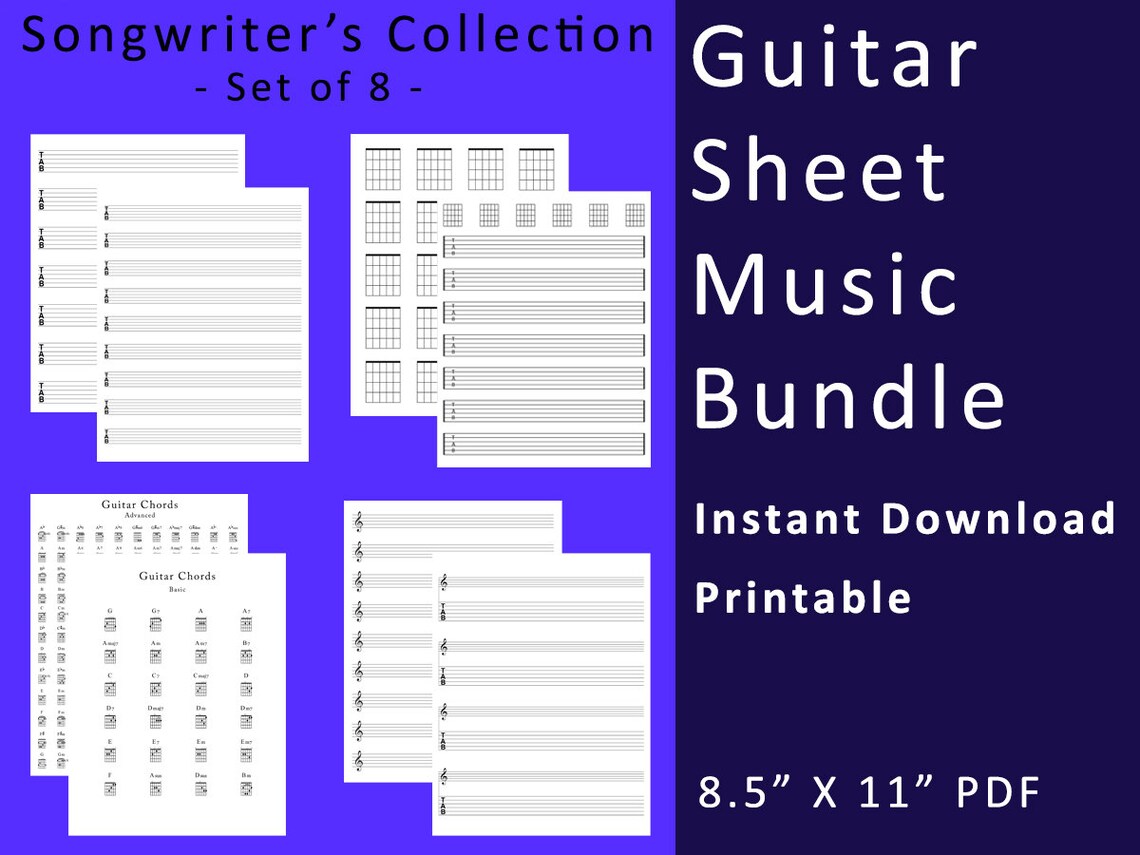 Printable Guitar Sheet Music Bundle for Musicians Blank Guitar Tab for ...