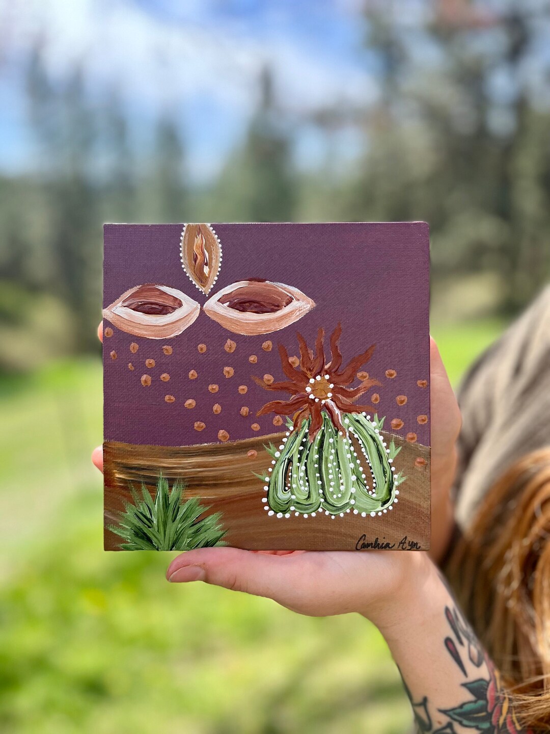 Psychedelic Peyote Cactus Painting | Original Desert Landscape Art (6x6 ...