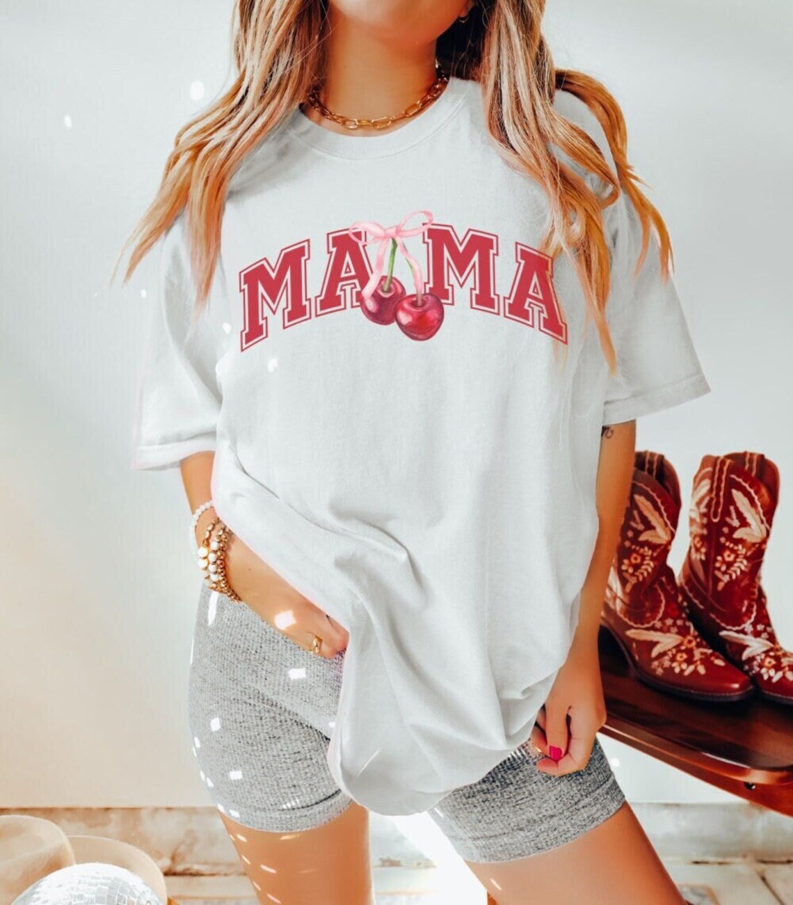 Coquette Mama Shirt Cherry Bow Aesthetic Trendy Oversized Mama Tee Gift ...