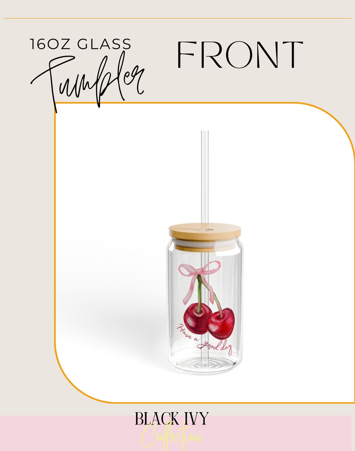 Cute Coquette Cherry Glass Cup Pink Bow Cup With Lid Have A Good Day ...