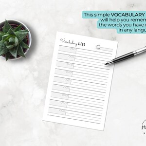 Vocabulary List Printable, Language Study Notebook Template, Language ...