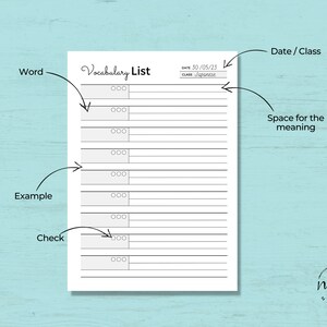 Vocabulary List Printable, Language Study Notebook Template, Language ...