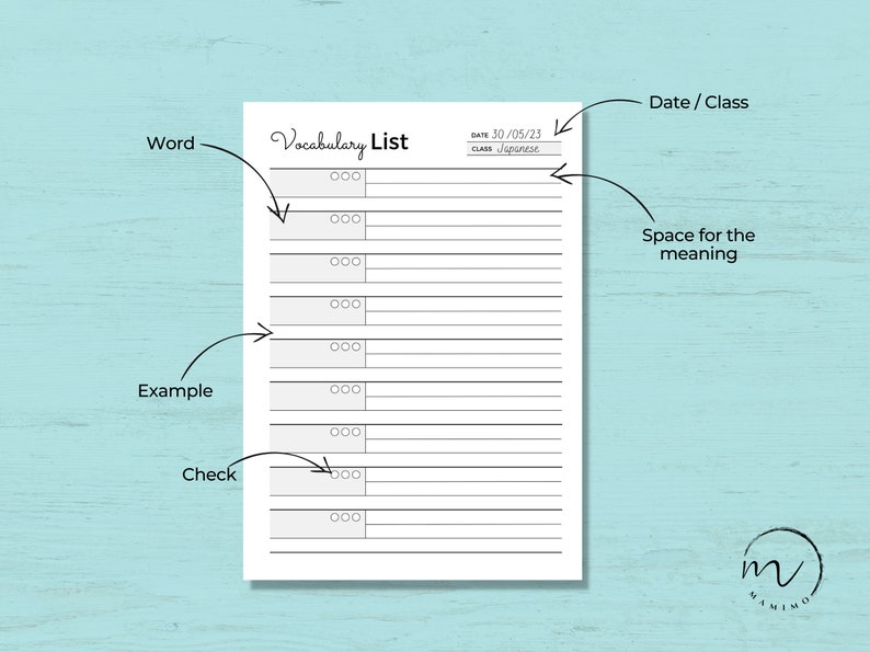 Vocabulary List Printable, Language Study Notebook Template, Language ...