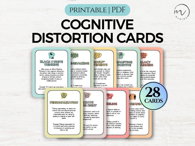 Cognitive Distortion Flash Cards, DBT Coping Skills Cards, Thinking ...