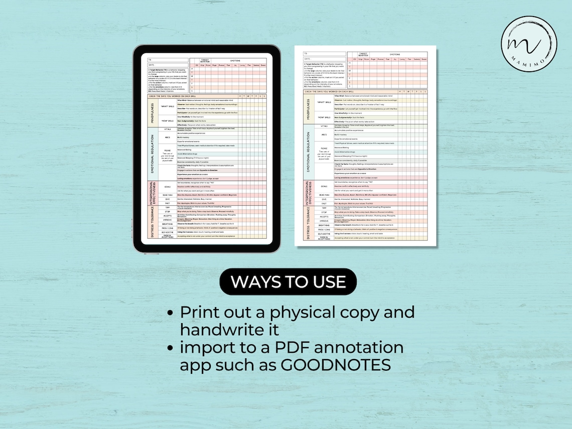 DBT Skills Tracker, DBT Diary Card, Dialectical Behavior Therapy ...