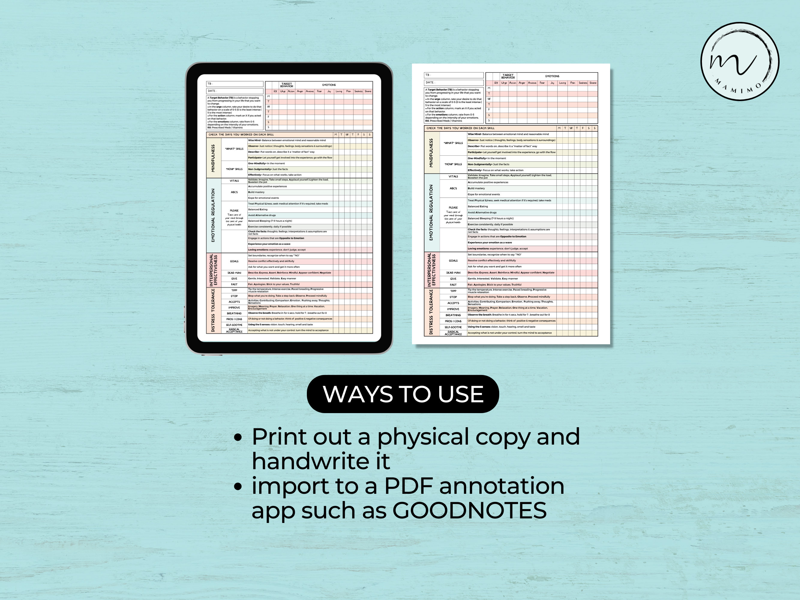 DBT Skills Tracker, DBT Diary Card, Dialectical Behavior Therapy ...