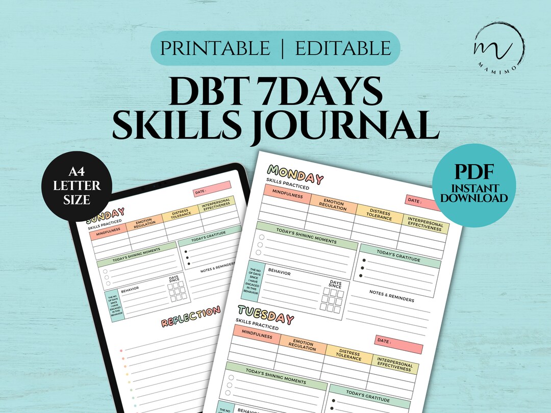 DBT Skills Journal Mental Health Daily Self Care Worksheet - Etsy