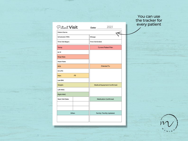 Printable Patient Visit Log for Hospice, Home Health Nurse, Patient ...