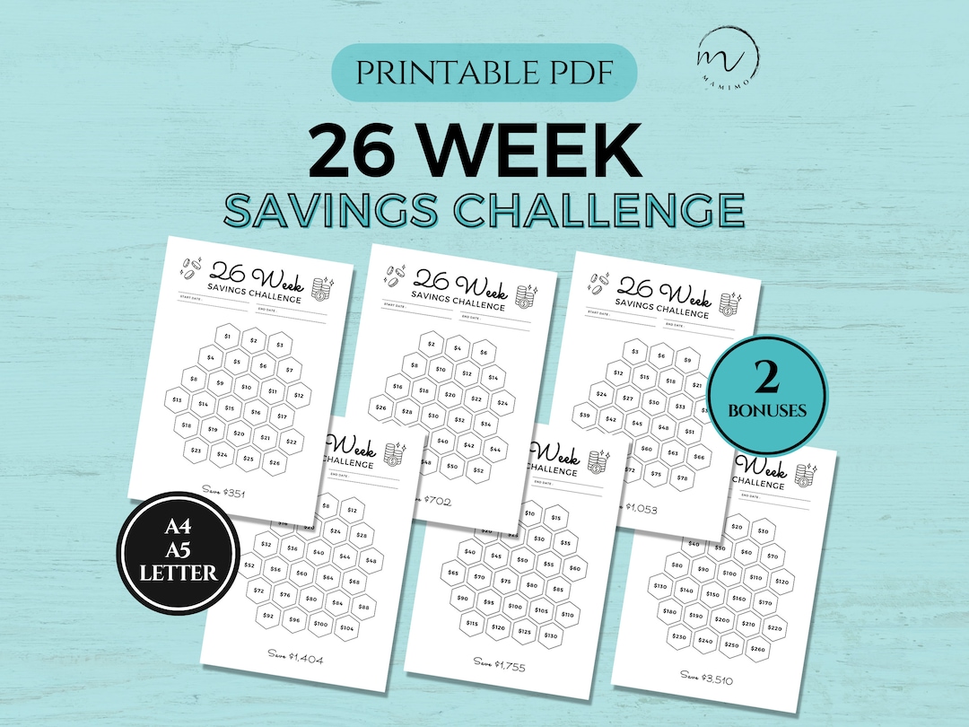 26 Week Savings Challenge Bundle, 26 Weeks Savings Challenge Set of 6 ...