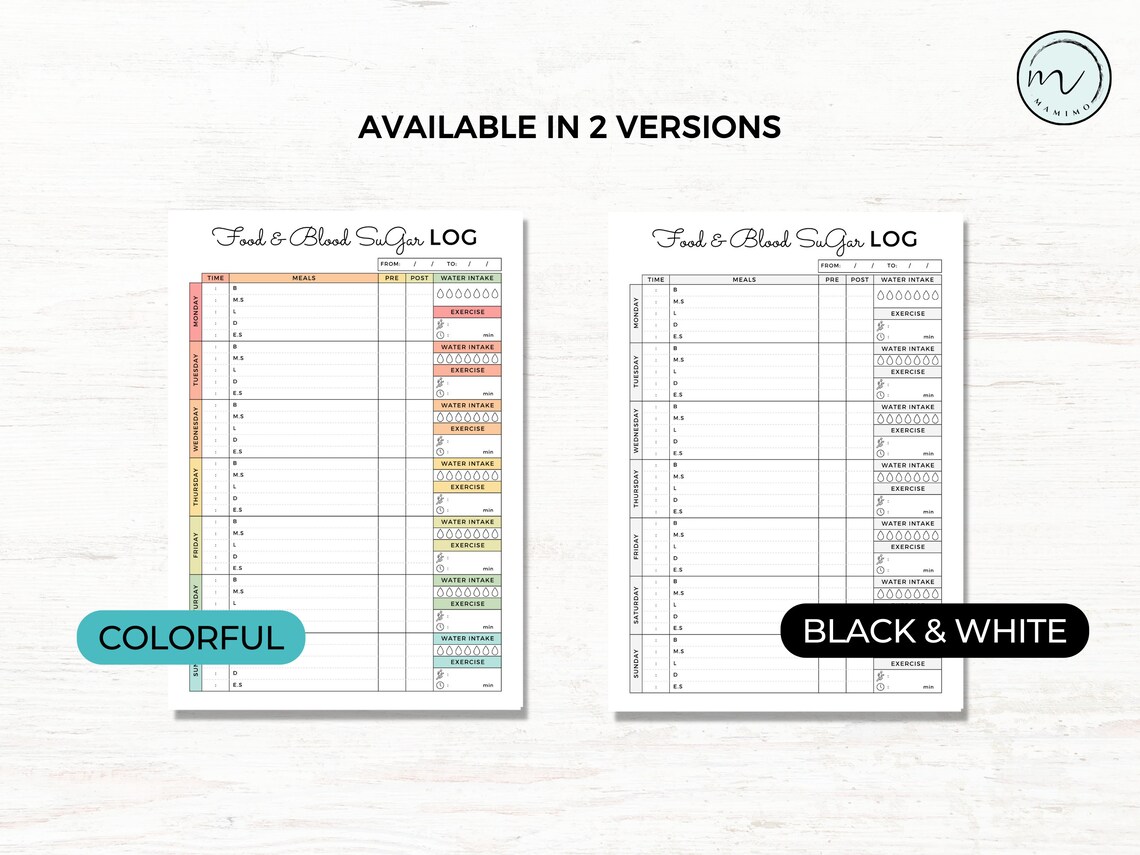 Food & Blood Sugar Log Printable, Weekly Daily Meal Water Intake ...