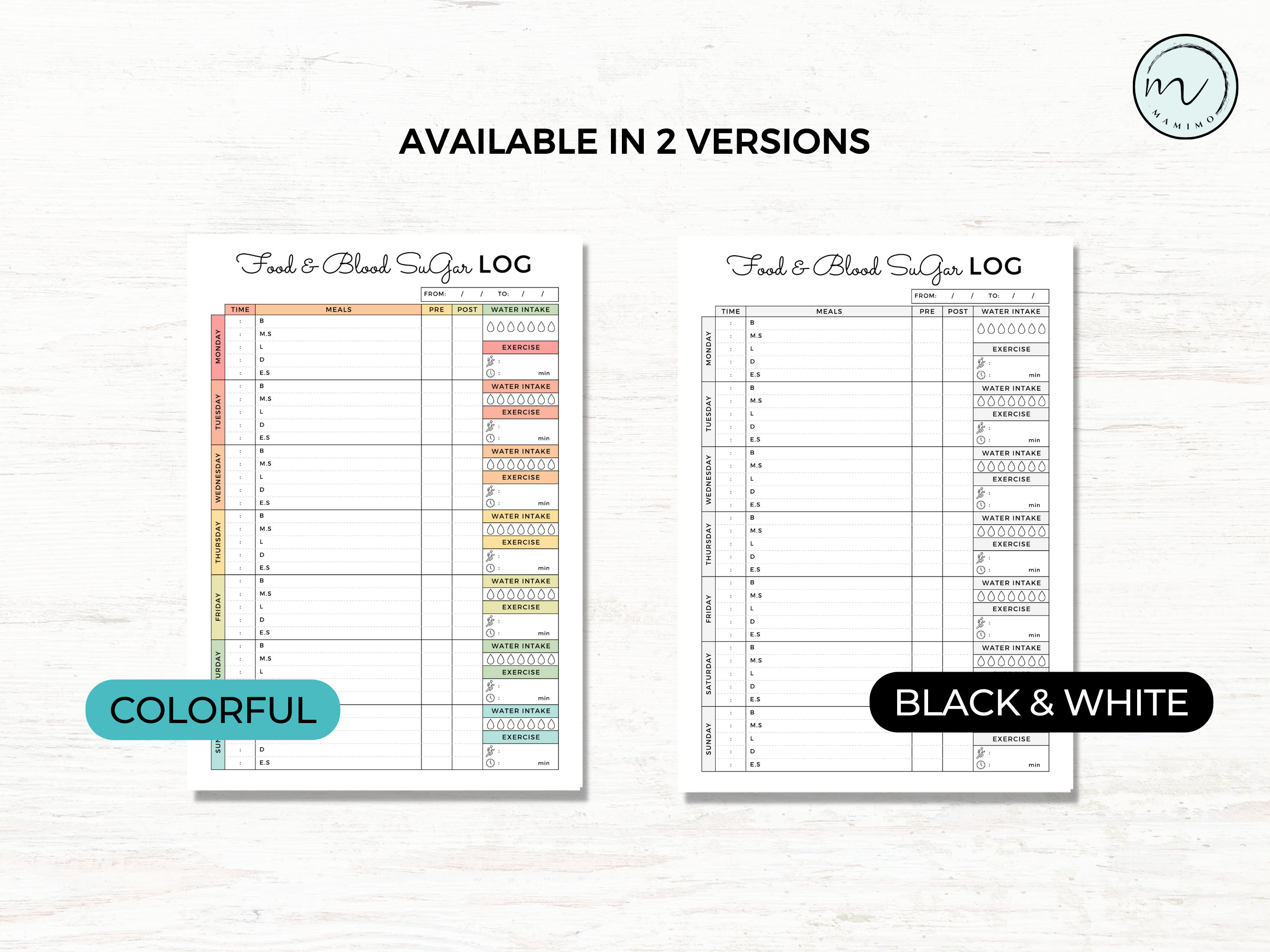 Food & Blood Sugar Log Printable, Weekly Daily Meal Water Intake ...