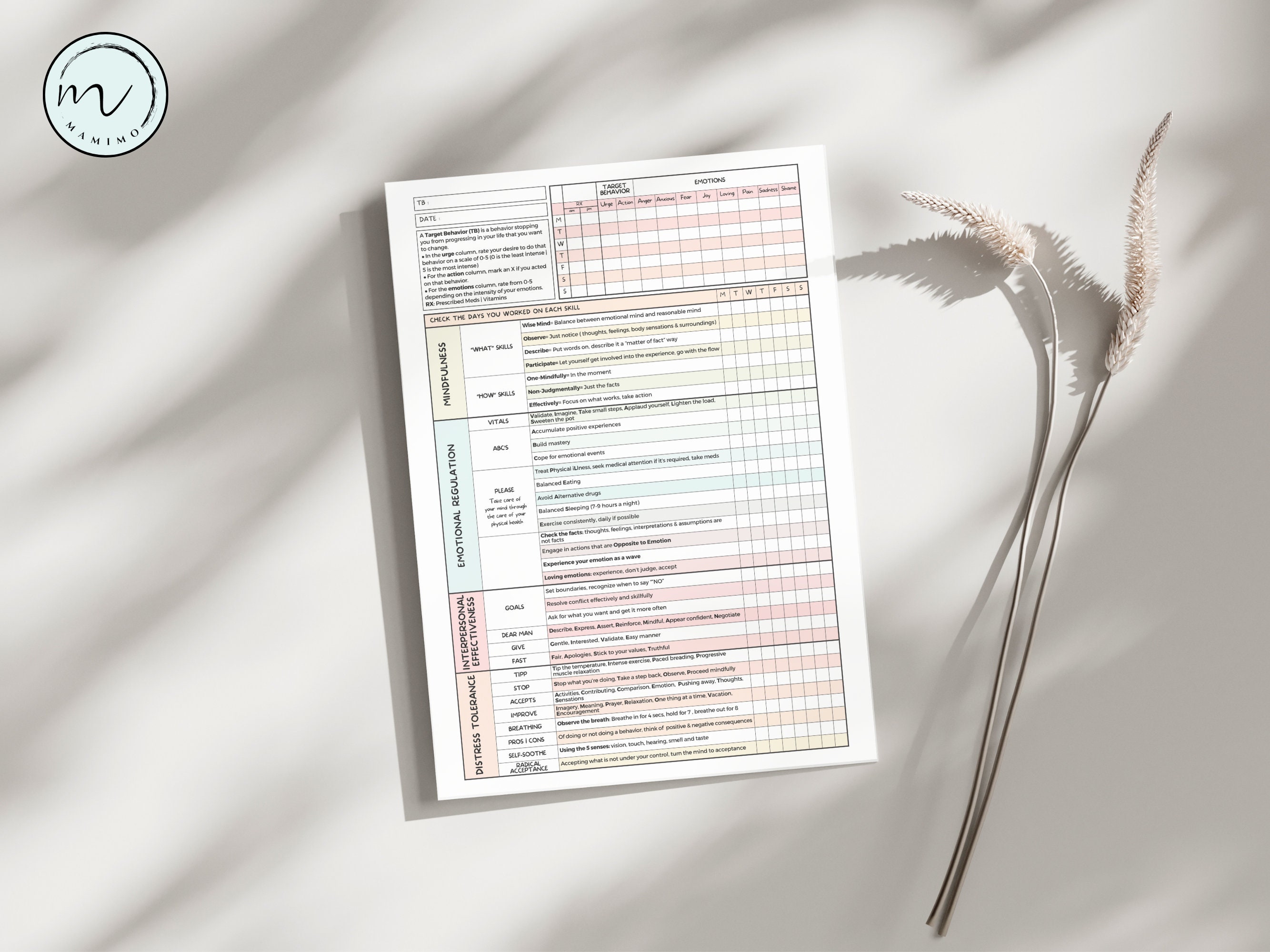 DBT Skills Tracker, DBT Diary Card, Dialectical Behavior Therapy ...