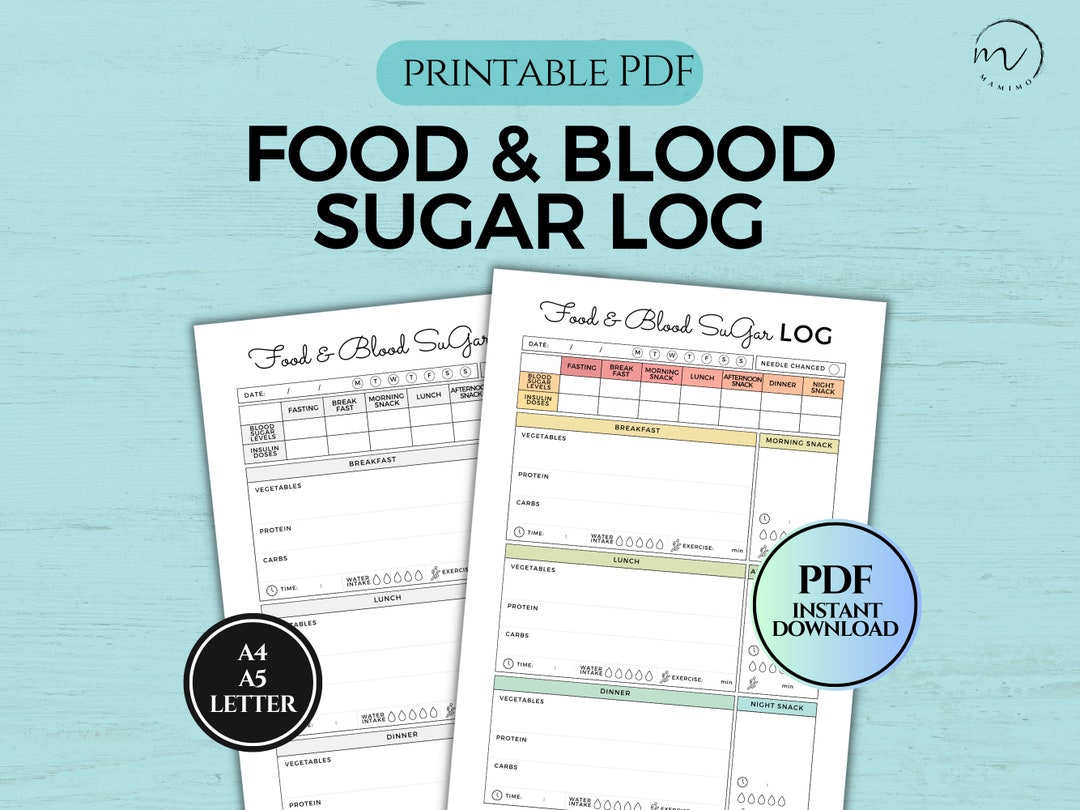 Food & Blood Sugar Log Printable, Daily Meal Water Exercise Insulin ...