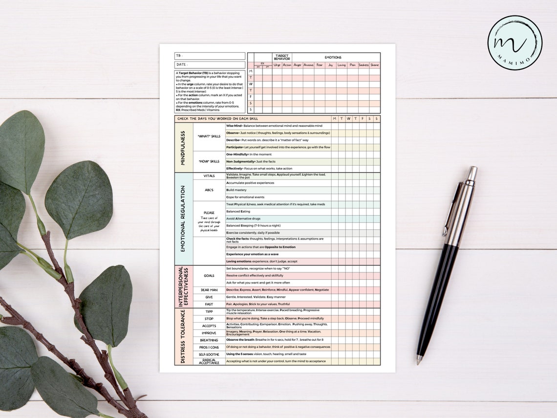 DBT Skills Tracker, DBT Diary Card, Dialectical Behavior Therapy ...