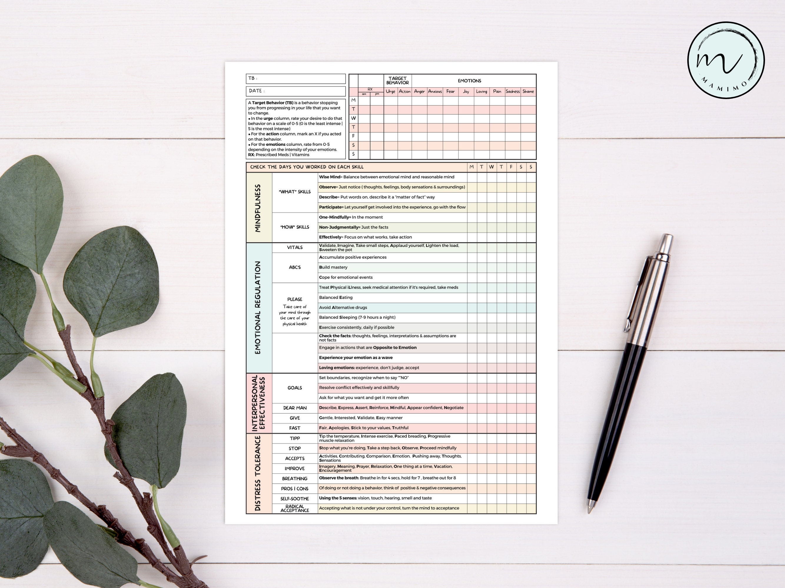 DBT Skills Tracker, DBT Diary Card, Dialectical Behavior Therapy ...