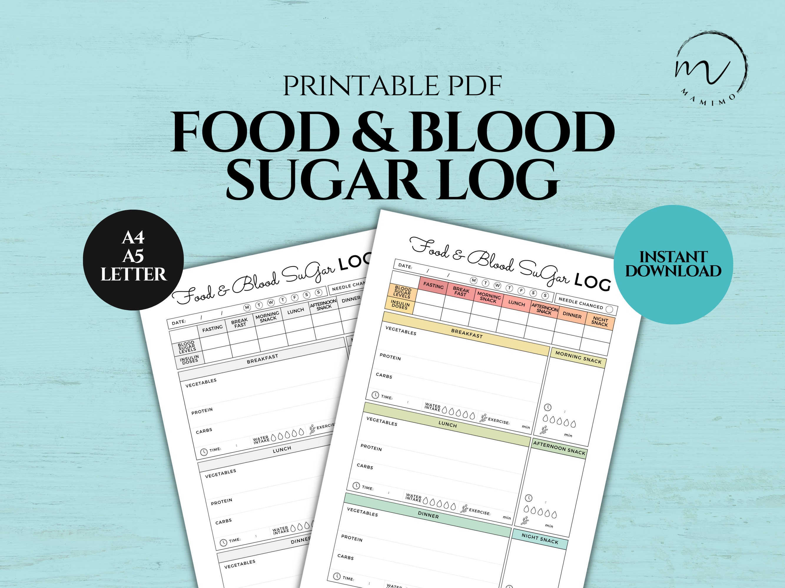Food & Blood Sugar Log Printable Daily Meal Water Exercise Insulin Dose ...