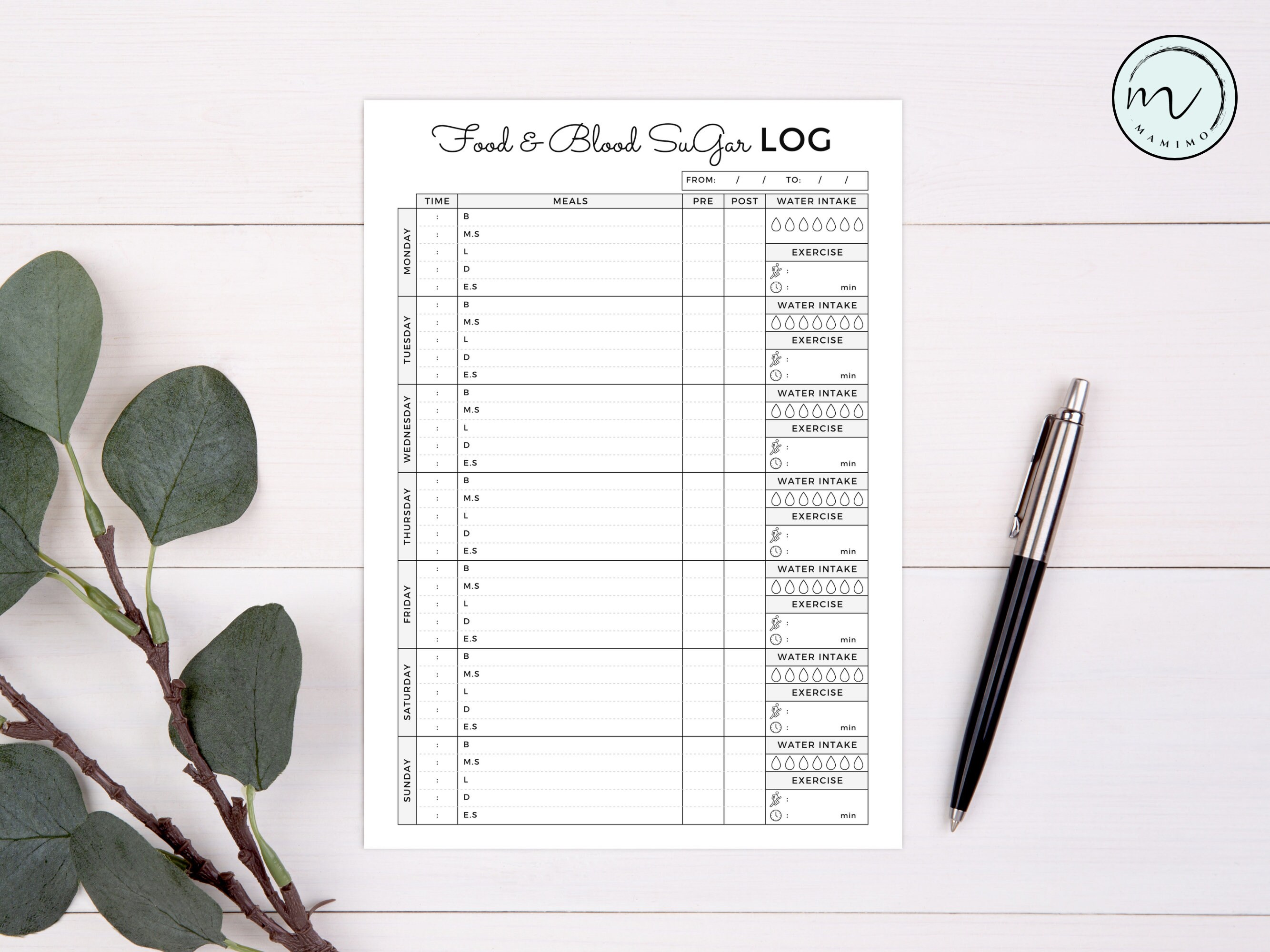 Food & Blood Sugar Log Printable, Weekly Daily Meal Water Intake ...