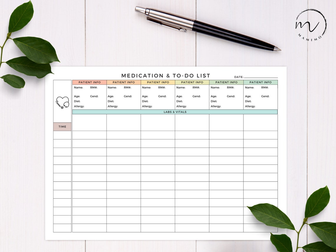 6 Patient RN Medication & To-do List, Nurse Shift Organizer Day/night ...