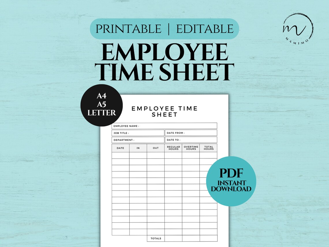 Employee Time Sheet Employee Scheduling Timesheet Printable Time Card ...