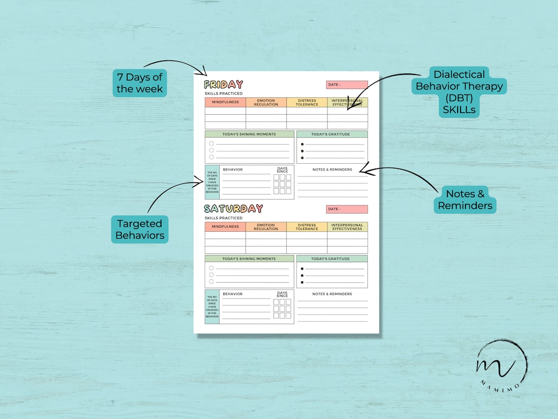 DBT Skills Journal, Mental Health, Daily Self Care Worksheet, Therapy ...